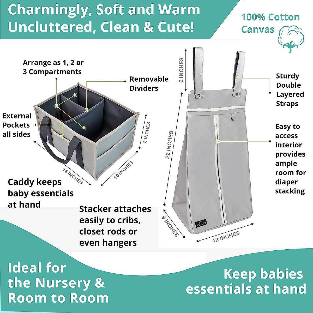 Cottage Lane Hanging Diaper Stacker Plus Caddy, 2 Piece Set, Gray Gender Neutral Cotton Canvas, Stylish Nursery Diaper Organization, Shower Gift