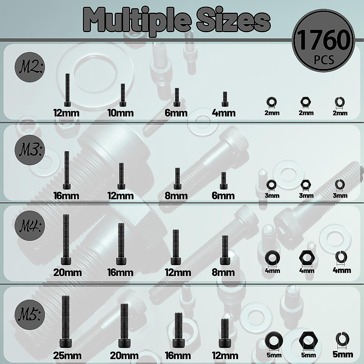1760PCS Metric Screw Assortment M2 M3 M4 M5, Grade 12.9 Alloy Steel Hex Socket Head Cap Metric Bolts and Nuts Assortment Kit, Metric Screw Nuts and Bolts Flat&Lock Washers Set, 4 Hex Wrenches Included