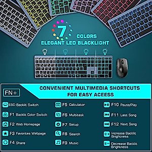 Wireless Keyboard and Mouse Combo Rechargeable, Full Size Wireless Keyboard with Backlit, 2.4G Silent USB Wireless Keyboard Mouse Combo [with USB C Adapter] for Windows, Mac OS Desktop/Laptop/PC