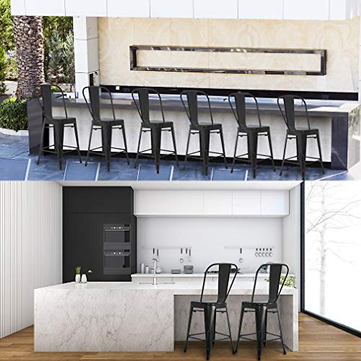 Metal Bar Stool Set of 4 Counter Height Barstool with Back 24 Inches Seat Height Industrial Bar Chairs Patio Stool Stackable Modern Kitchen Stool Indoor Outdoor Metal Bar Stool Kitchen Stools (Black)