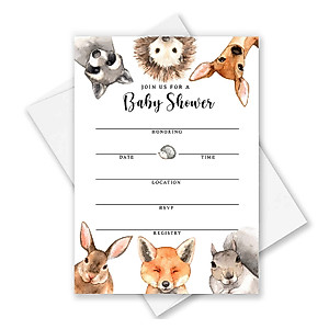 Yuzioey Woodland Baby Shower Invitations, 25 Pack Boy Woodland Invitations Macthing Envelpoes, Diaper Raffle Tickets, Book Request Cards