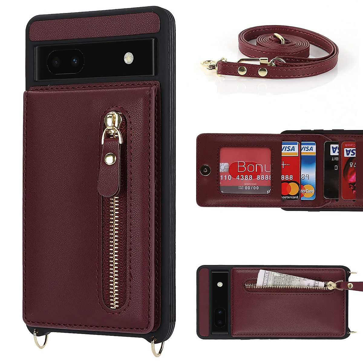 DEYHU for Google Pixel 6a Case with Card Holder for Women,for Pixel 6a Phone Case Wallet with Strap Credit Card Slots Crossbody with Kickstand Zipper Case - Red Wine