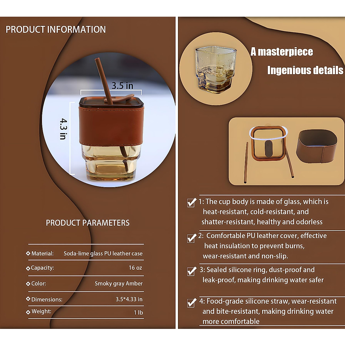 YULUDZSW Glass Cups With Lids And Straws, 16oz Coffee Cup, Hick Wall Glass Tumbler With Insulated Leather Sleeve Smoothie Cups,Travel Ready Coffee Tumbler/Couple Style Amber + Smoky Gray