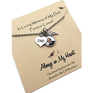 Handmade by Remember Me Loss of Father Gift, In Loving Memory, Dad Memorial Necklace In Memory of Dad Necklace with Picture Charm, Angel Wing, and Dad Charm