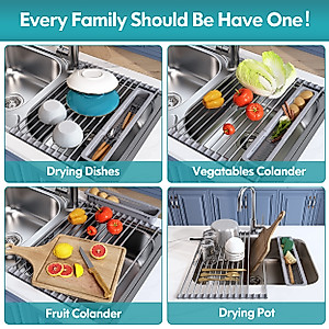 JASIWAY Roll Up Dish Drying Rack, Expandable 304 Stainless Steel Portable Over The Sink Dish Drainer for Kitchen Sink Counter, Foldable Sink Cover with Removable Utensil Holder(12.8"-23.3")