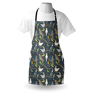 Lunarable Birds Apron, Cockatiels and Exotic Parrots on Branches in Jungles Tropical Leaves, Unisex Kitchen Bib with Adjustable Neck for Cooking Gardening, Adult Size, Blue Multicolor
