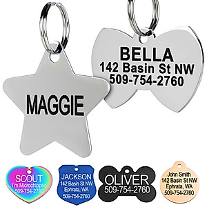 GoTags Stainless Steel Pet ID Tags, Personalized Dog Tags and Cat Tags, up to 8 Lines of Custom Text, Engraved on Both Sides, in Bone, Round, Heart, Bowtie and More (Star, Regular (Pack of 1))