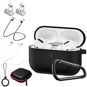 TOLUOHU AirPods Pro Case, Apple AirPods Pro Soft Silicone Accessories 8 in 1 Kit, Shockproof Protective AirPods Pro Charging case Cover with Keychain/Watch Band Holder/Strap/Ring/Carrying Box(Black)