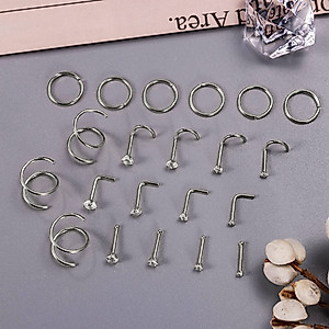 Vegolita 21PCS 20G 316L Stainless Steel Nose Rings Hoop for Women Men Double Nose Ring CZ Nose Stud Piercing Jewelry S