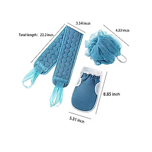MILIDEE Bath Shower Set Scrubber Glove Loofah Sponge Pouf, Bath Brush Extra Long Dual Sided Scrubber Long Lasting Deep Clean Super Soft, Body Scrubber Exfoliator Men Woman Finger Tricky Toy, Blue