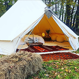 UNSTRENGH Large Beige Luxury 4-Season Camping Cotton Canvas Bell Tent Double Doors Camping Hunting Tent with Stove Jack Hole, Cable Hole