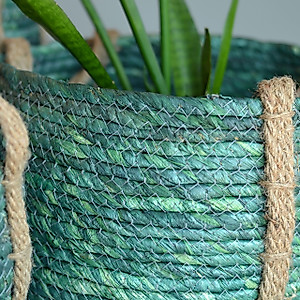 Farmers 3 Piece Basket Set, Green Dye Soaked Floor and Shelf Organizers, Corn Husk Wicker, Durable Chunky Rope Weave, Handles, Stitched, Reinforced, Rustic Home Decor, Round, 13, 11, 9 Inches