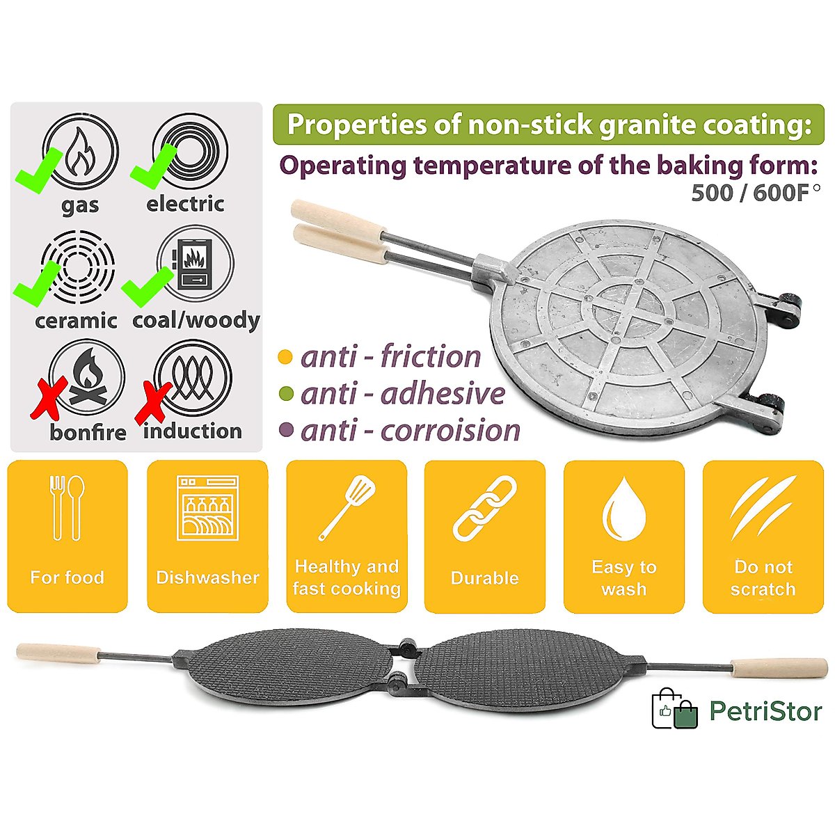 PetriStor Waffle Maker Round Has Nonstick Coating Size 8 in - Waffle Cone Maker - Krumkake Iron - Wafer Maker - Waffle Cone Maker Machine - Stroopwafel Maker - Ice Cream Cone Maker