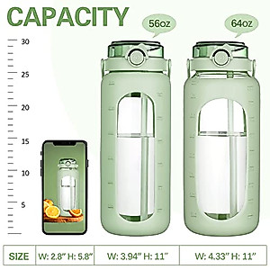 64oz Glass Water Bottles with Straw Time Marker Half Gallon Large Motivational Water Bottle with Silicone Sleeve 2L Big Glass Water Jug Bottle for Gym, Sports, Workout, Daily Green