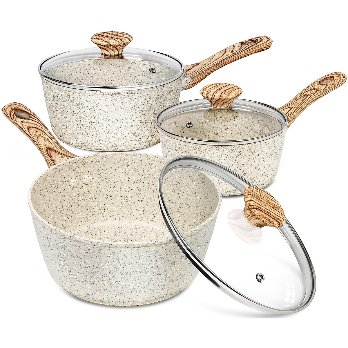 MICHELANGELO Sauce Pan with Lid, Nonstick Saucepans 1.5QT&2QT&3QT, Granite Sauce Pan 3 Piece, Stone Saucepan Set, Small Pot with Lid, Nonstick Sauce Pot Set, White
