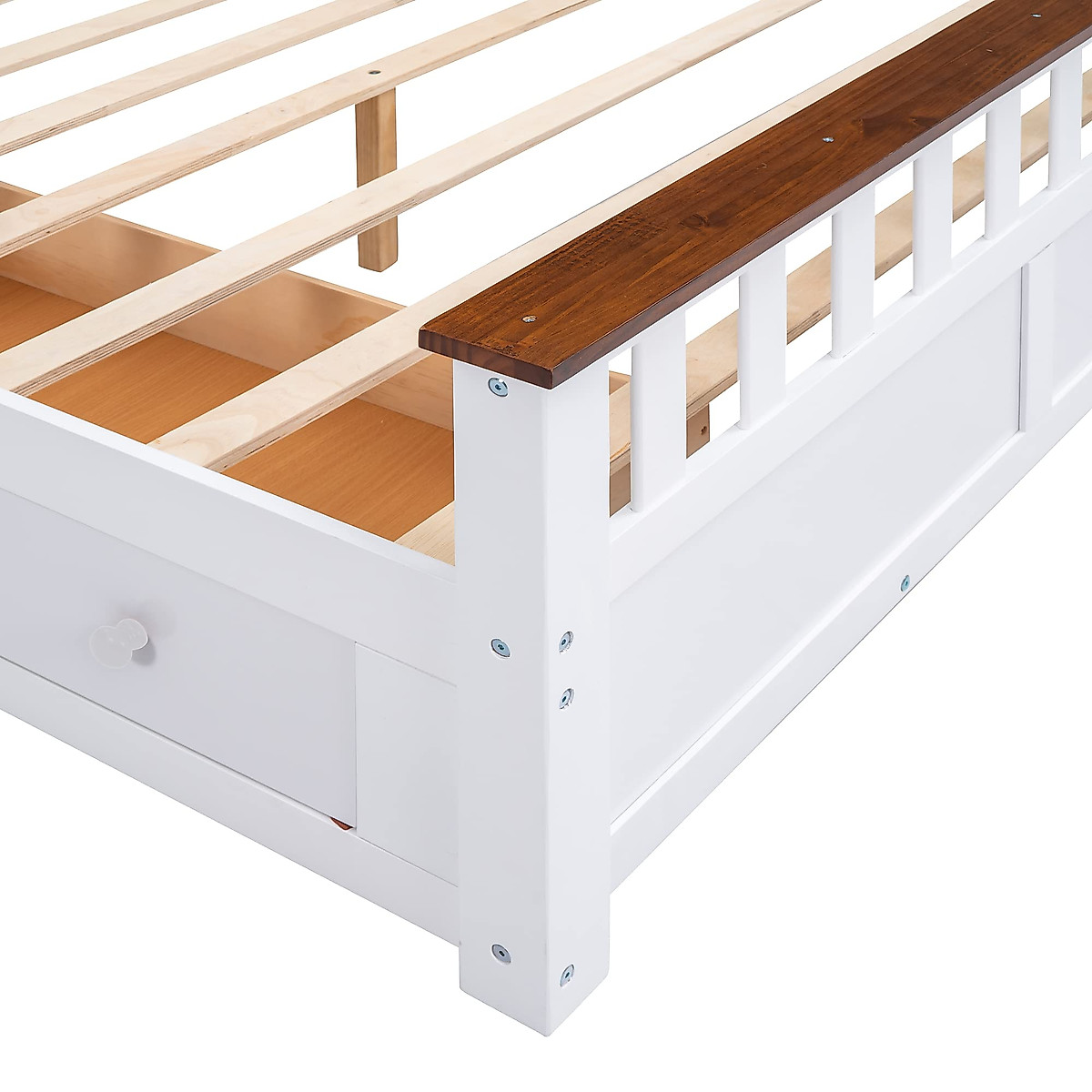 FANYE Queen Size Soild Wood Platform Bed Wooden Bedframe with Two Storage Drawers and Wood Slat Support, White+Walnut