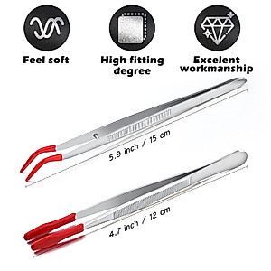 2 Pieces Tweezers Bent Tip Tweezers with Rubber Tips PVC Coated and 2 Pieces Tweezers Rubber Coated PVC Soft Non Marring Flat Tips Lab Hobby Jewelry Craft Stainless Steel Tweezer Tool (Red)