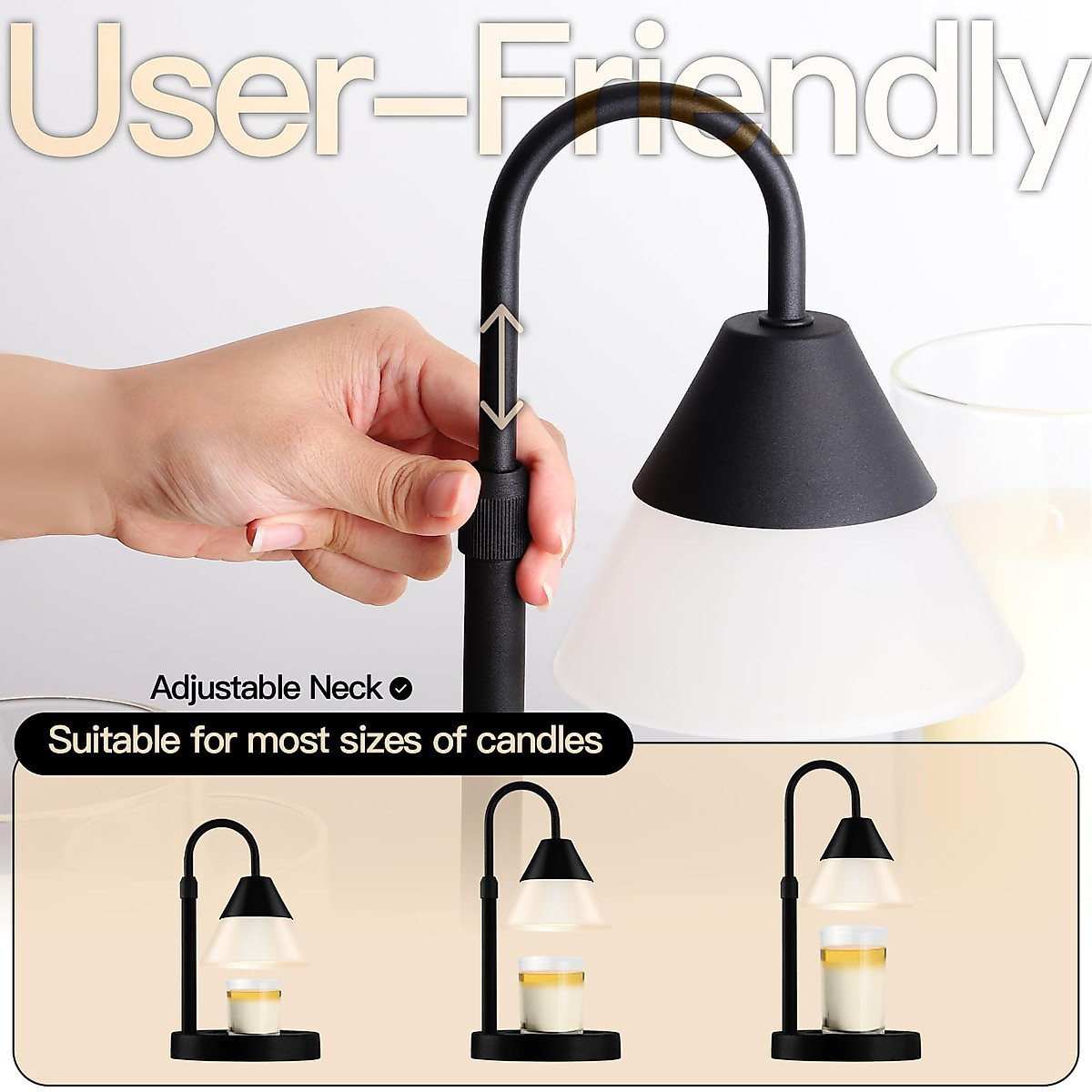 Dimmable Candle Warmer Lamp, Candle Melter with Adjustable Height & Heat, Electric Metal Top-Down Light Heat Melting Wax Fits Large Jar, Scented Candle Holder for Christmas Gift, Black