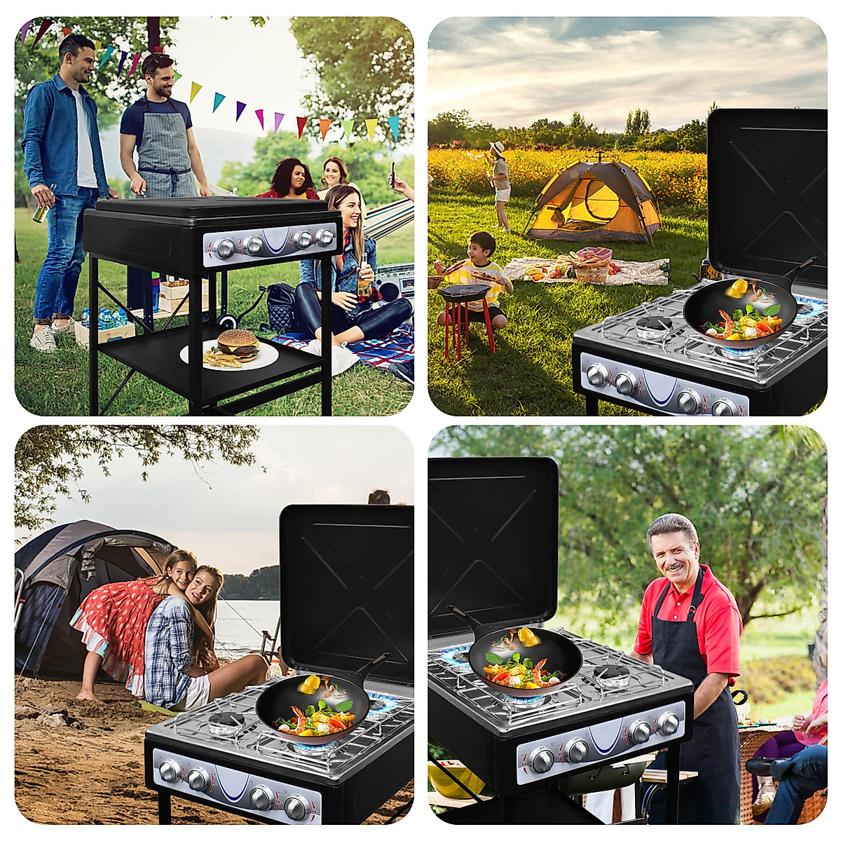 4 Burner Gas Stove Camping Stove Propane Burner Portable Stable RV Stove Top Stainless Steel Camping Grill Stove Outdoor Safety with Removable Stand, CSA Certified Gas Regulator and Hose Easy to Clean