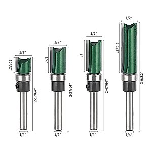 TOTOWOOD Top Bearing Flush Trim Router Bit ， 4 Pcs Pattern Flush Trim Router Bit Set，1/4 Inch Shank，Cutting Height in 15/32”, 3/4”, 1”, 1-1/2”,Flush Trim Cut Router Bits (Pattern Flush Trim)