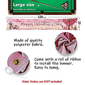 Large Happy Valentines Day Banner Outdoor Decorations 120" x 20" Valentine's Yard Sign Pink Hearts Tree Bicycle Balloons Bears Flowers Birds Holiday Party Supplies Valentine Backdrop Home Decor with Brass Grommets for Garden House Fence Garage Indoor Gift