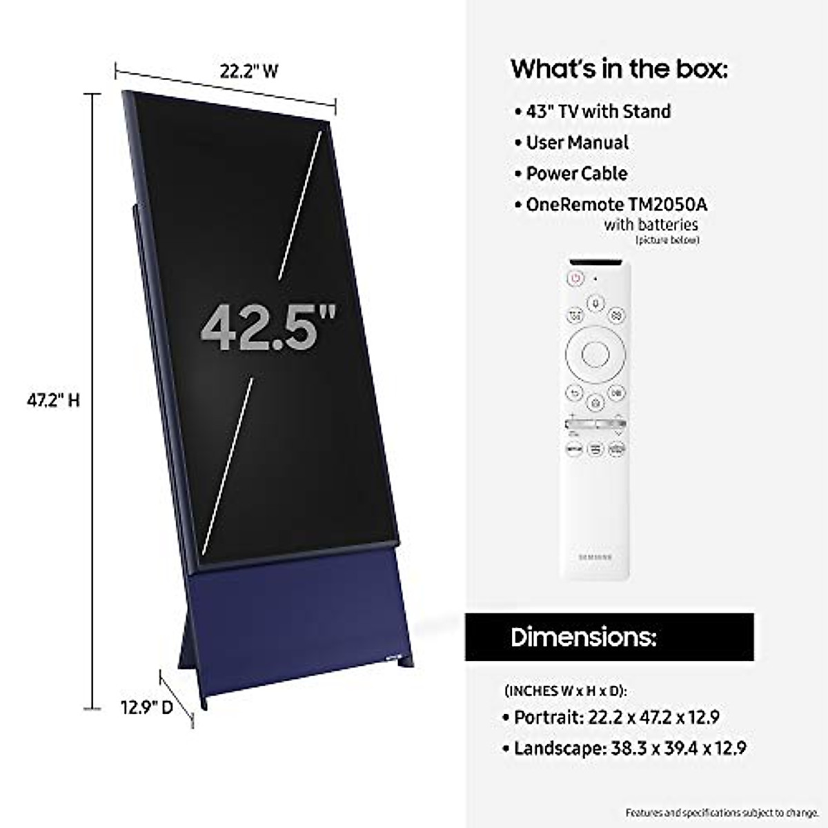 SAMSUNG 43" Class The Sero QLED LS05 Series TV - 4K UHD Quantum HDR Smart TV with Alexa Built-in (QN43LS05TAFXZA, 2020 Model)