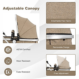 BABY JOY Baby Stroller, 2-in-1 Convertible Bassinet Reclining Stroller, Foldable Pram Carriage with 5-Point Harness, Including Cup Holder, Foot Cover, Diaper Bag, Aluminum Structure, Khaki