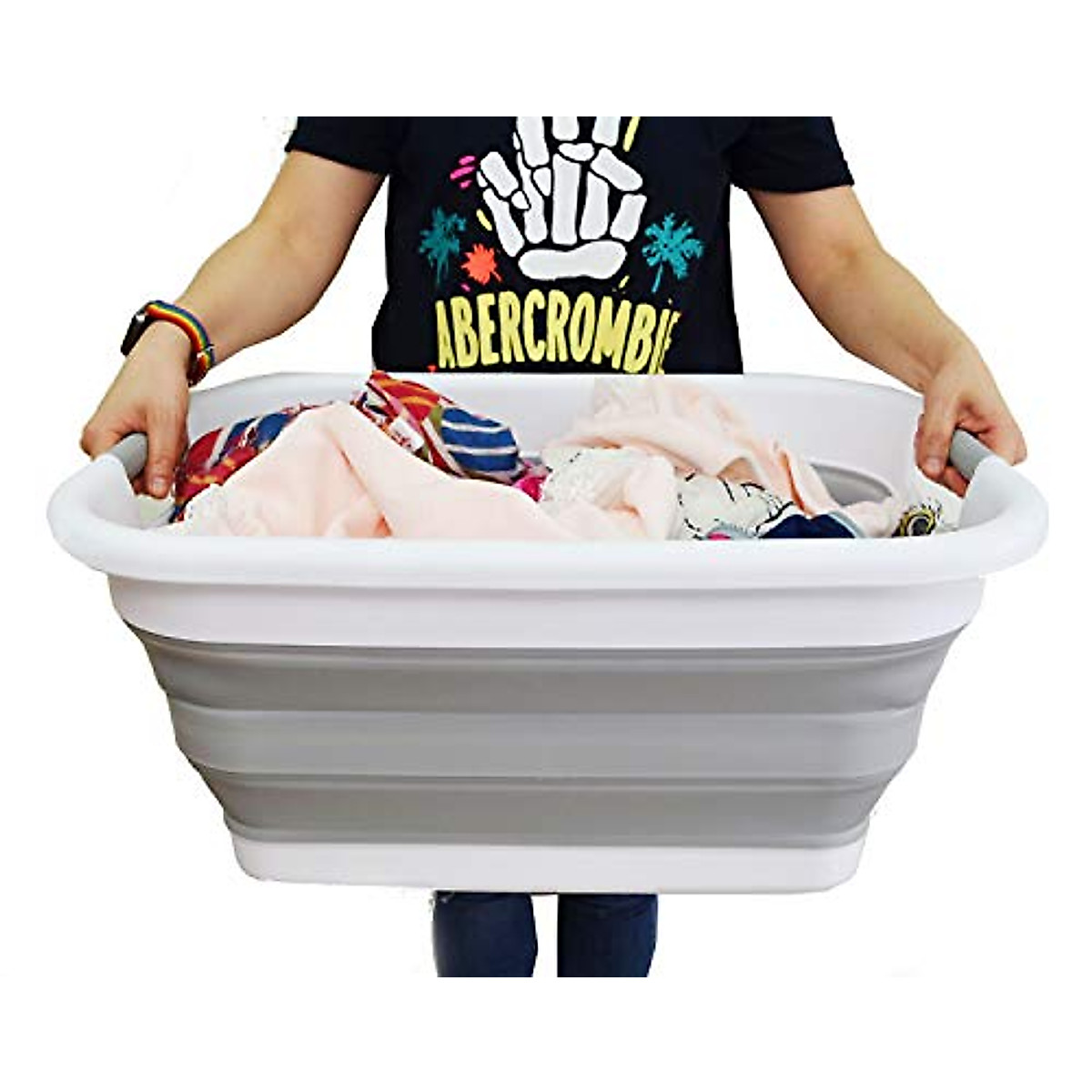 SAMMART 41L Set of 2 Collapsible Plastic Laundry Basket - Foldable Pop Up Storage Container/Organizer - Portable Washing Tub - Space Saving Hamper/Basket (2, White/Grey)