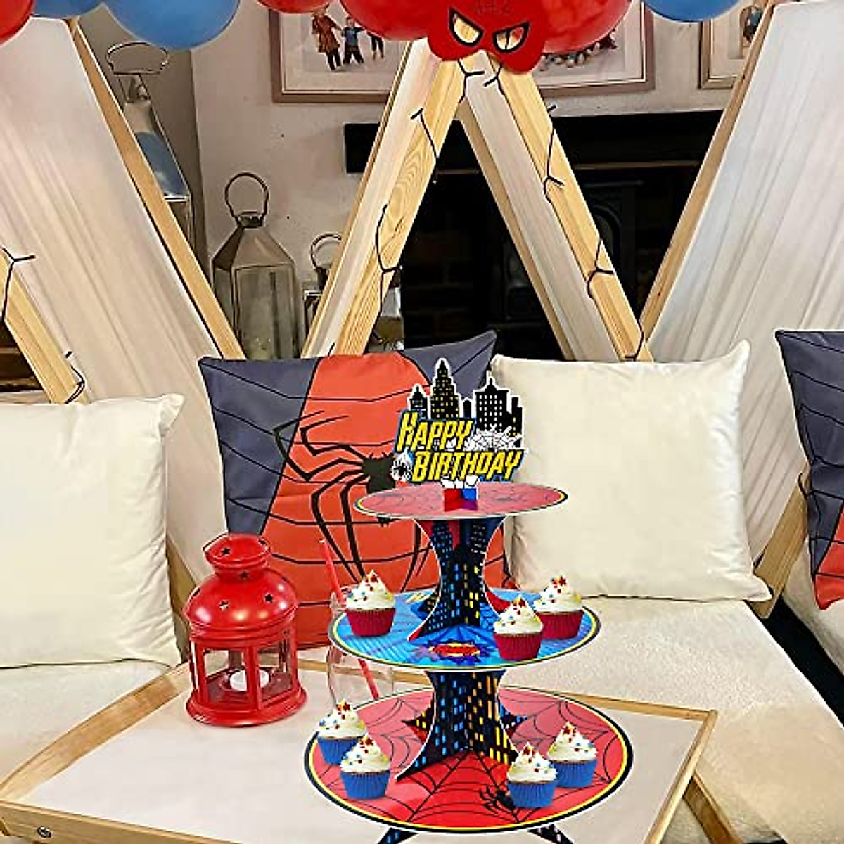 3 Tier Spider Cupcake Stand Superhero Spider Party Decorations Supplies for Kids Boys Themed Birthday Party