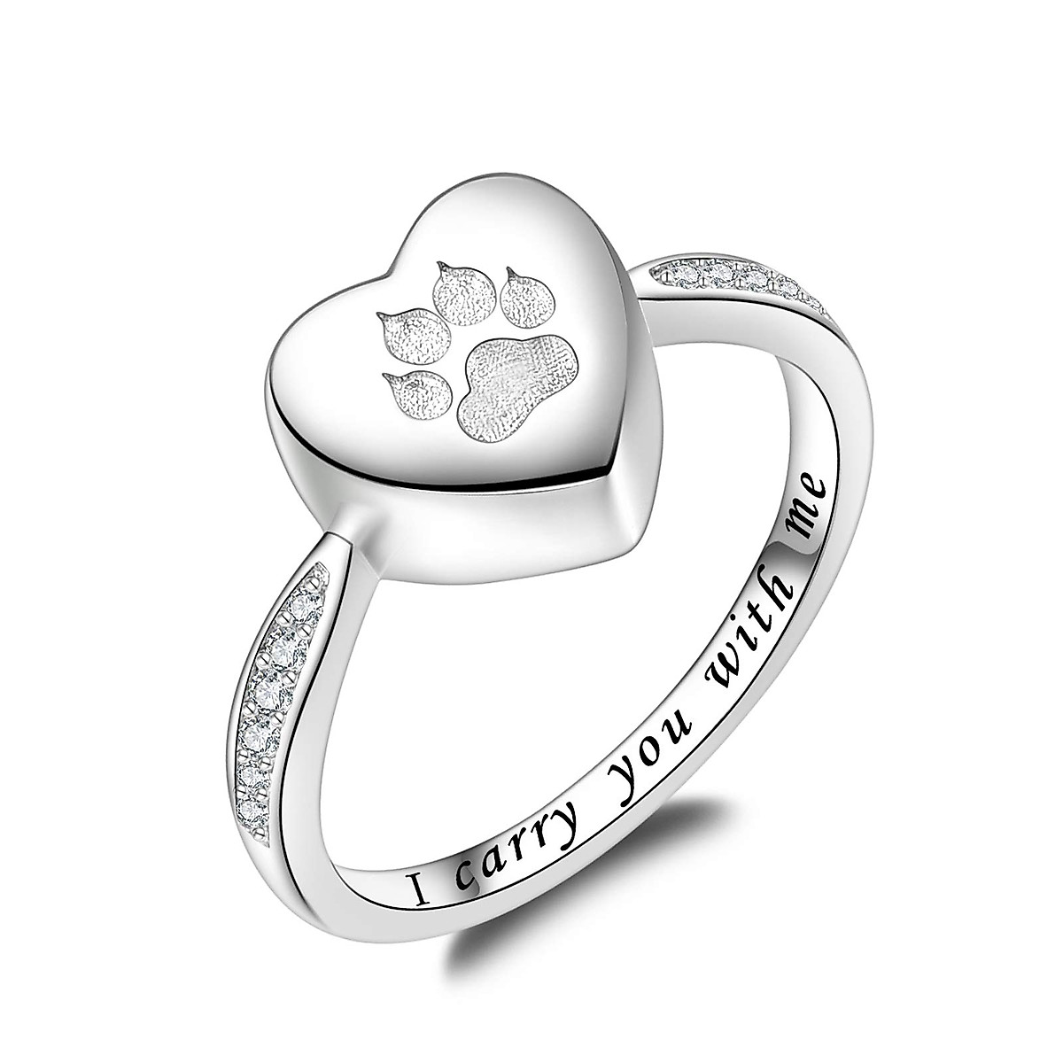 Fookduoduo 925 Sterling Silver Paw Print Urn for Ashes I Carry You with me Cremation Jewelry Dog Cat Claw Urn Finger Ring for Pet Lovers(Silver 7)