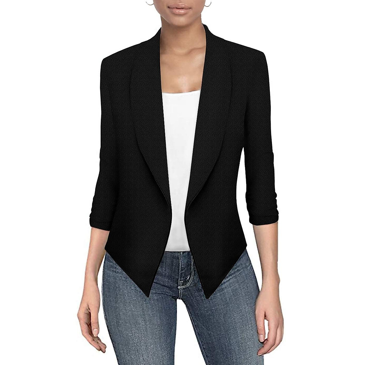 Hybrid & Company Lightweight Open Front Cardigan Classic Ruched Sleeve Work Office Blazer Suit Jackets Black