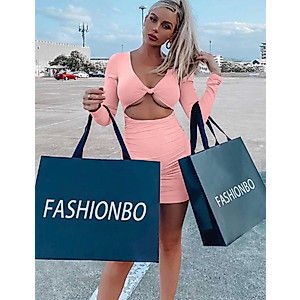 Kaximil Women's Sexy Bodycon Long Sleeve Cut Out Ruched Mini Club Party Dresses, Medium, Pink