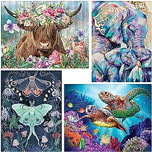 VIGEGU Paint by Number for Adults,Painting by Numbers Kits On Canvas,Without Frame DIY 4 Pack Cow Elephant Sea Turtle Moth Oil Painting Acrylic Paints Home Decor 12x16 inch