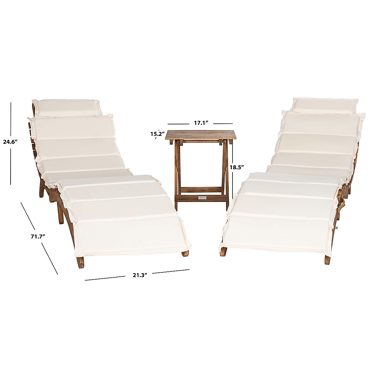 SAFAVIEH Outdoor Collection Pacifica Natural Brown Solid Wood/Beige Cushion 3-Piece Chaise Lounge Set with Table (PAT7020B)