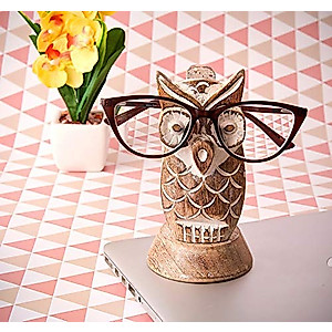 Eximious India White Elephant Gifts for Adults Him Her Wooden Owl Glasses Holder Stand Reading Nightstand Eyeglass Retainer Mom Dad Car SPWW19
