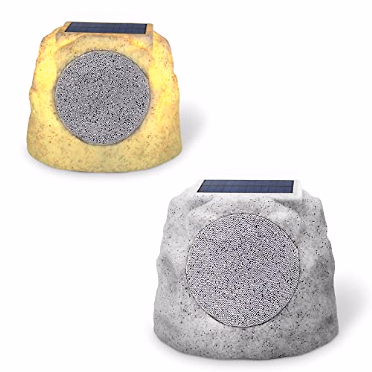 Outdoor Speakers Waterproof 2pack for All Seasons & Solar Powered with Rechargeable Battery Rock Speakers Wireless Bluetooth with Colorful LED Light for Garden, Patio (2-Pc, Granite Grey)