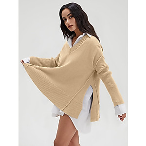 DEEP SELF Women's V Neck Oversized Sweaters 2024 Fall Winter Long Sleeve Split Hem Casual Asymmetric Tunic Pullover Sweater Knit Tops (Apricot, Small)