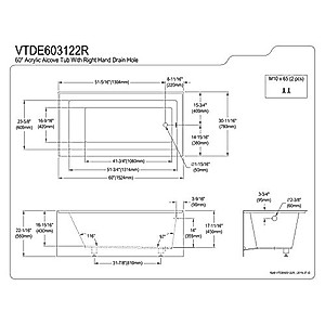 KINGSTON BRASS VTDE603122R 60-Inch Contemporary Alcove Acrylic Bathtub with Right Hand Drain and Overflow Holes, White