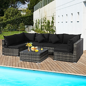 PATIOJOY 7-Piece Patio Furniture Set, Outdoor Sectional PE Rattan Sofa Set with Cushions and Tempered Glass Coffee Table, All-Weather Conversation Set for Backyard (Black)