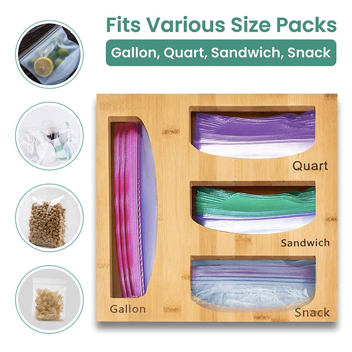 Premium Bamboo Plastic Bag Storage Organizer and Baggie Dispenser ┃ Gallon, Quart, Sandwich, Snack Sizes ┃ Food Bags Holders in Kitchen Drawers, Pantry, or Wall Mount | by ZIRGLIO (4 Slots)