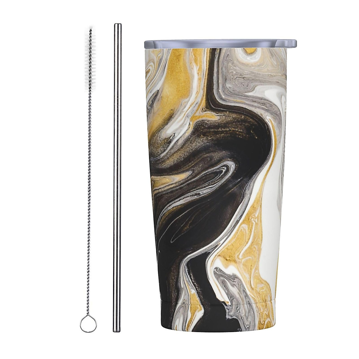 Black and Gold Swirl liquid ink marble 20oz Tumbler Stainless Steel Vacuum Insulated Double Wall Travel Tumbler, Durable Insulated Coffee Mug, Thermal Cup With Lid and Straw for Hot & Cold Drinks