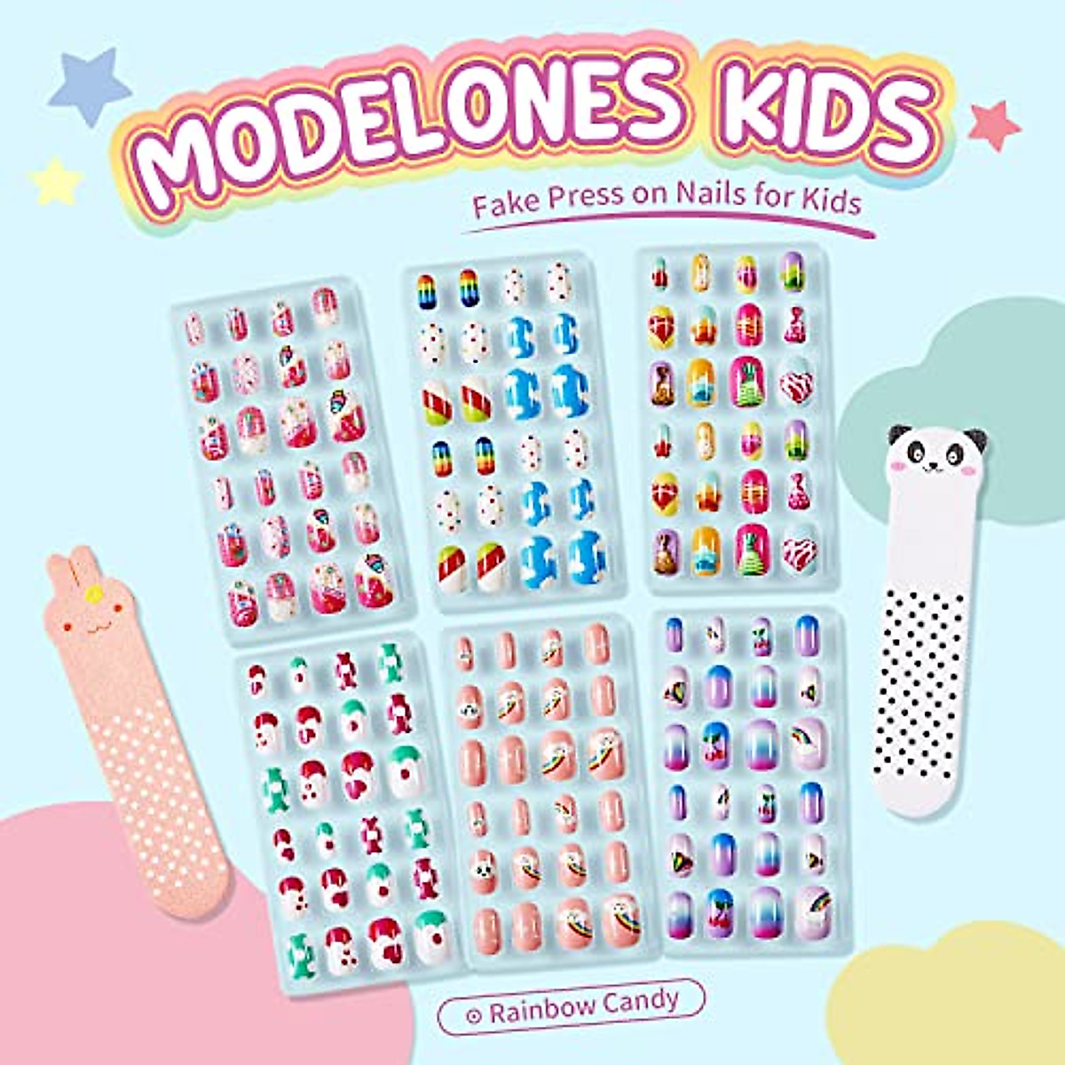 Modelones 144Pcs 6 Pack Press on Nails for Kids Children Acrylic Fake Nails Pre-glue Full Cover Glitter Gradient Color Rainbow Candy Short False Nail Art Kits Sets Gifts for Kids Girls