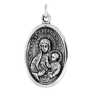 Sterling Silver Our Lady of Czestochowa Medal Pendant Oxidized finish Oval 1 inch