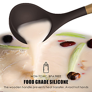 Silicone Cooking Utensils Set - 446°F Heat Resistant Silicone Kitchen Utensils for Cooking,Kitchen Utensil Spatula Set w Wooden Handles and Holder for Non-Stick Cookware, BPA FREE (Coffee)