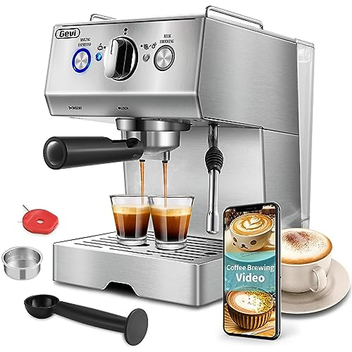 Espresso Machines 15 Bar with Adjustable Milk Frother Wand Expresso Coffee Machine for Cappuccino, Latte, Mocha, Machiato, 1.5L Removable Water Tank, Double Temperature Control System, 1100W, Black