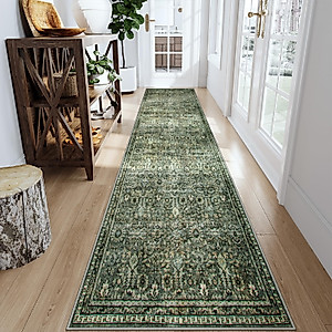 Morebes Vintage Hallway Runner Rug 10 ft, Boho Kitchen Rugs Non Slip Washable, Distressed Retro Low Pile Indoor Floor Carpet Runner for Entryway Entrance Laundry Bedroom, Dark Green
