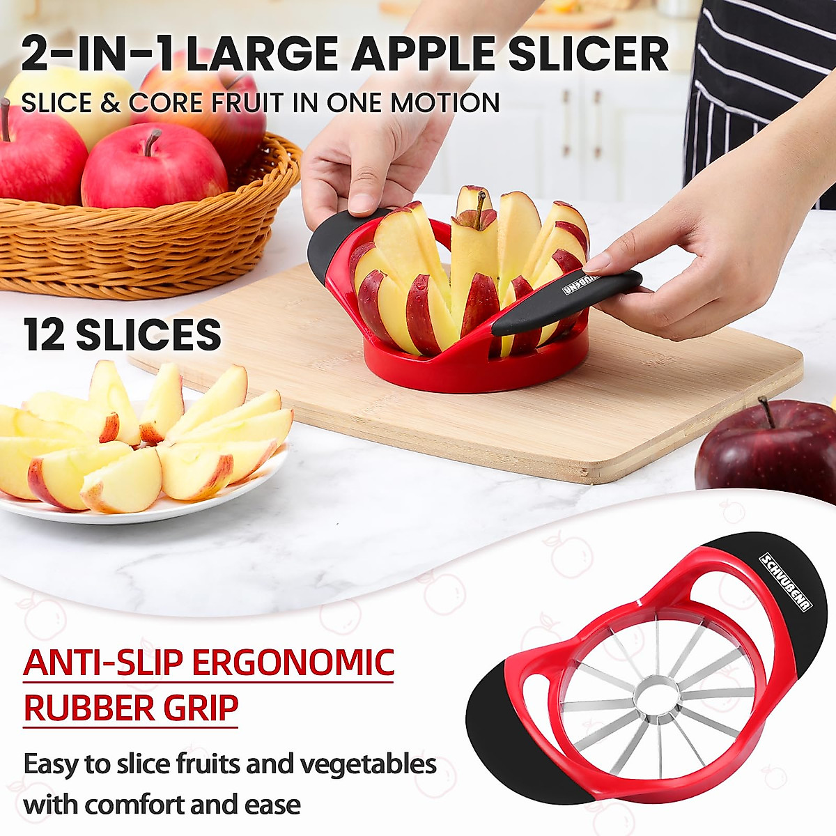 SCHVUBENR 4.72 Inch Large Apple Slicer with 12 Blades - Professional Apple Cutter - Stainless Steel Apple Corer - Sharp Apple Slicer and Corer - Apple Corer Tool - Dishwasher Safe(Red)