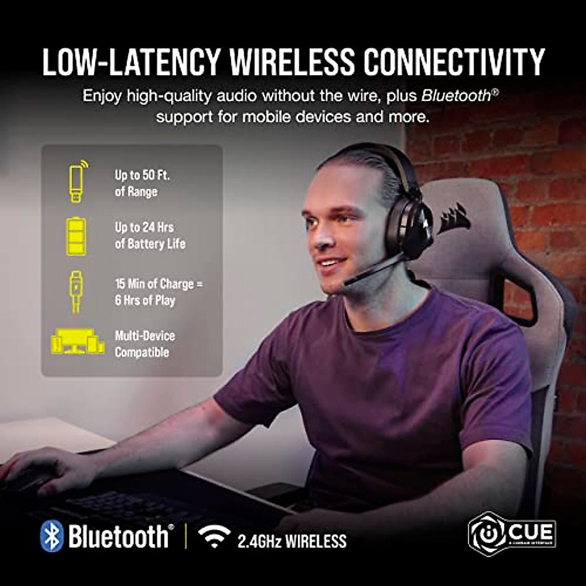 Corsair HS55 Wireless Gaming Headset - Low-Latency 2.4GHz Wireless or Bluetooth®, Dolby® Audio 7.1 Surround Sound, Lightweight, Omni-Directional Microphone, On-Ear Audio Controls - Carbon