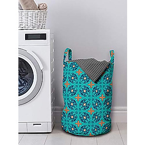 Ambesonne Orange and Turquoise Laundry Bag, Floral Motifs with Curlicues and Swirled Lines Pattern, Hamper Basket with Handles Drawstring Closure for Laundromats, 13" x 19", Orange Turquoise
