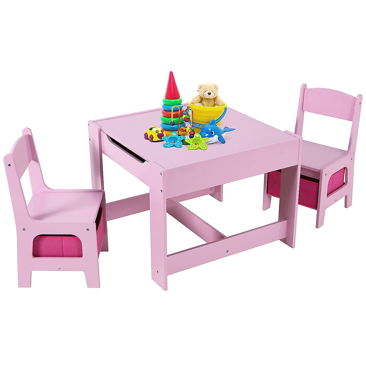 Arlopu Kids Table and 2 Chairs Set, 3-in-1 Wooden Activity Table, w/Detachable Storage Drawer, Drawing Reading Black Board Desk, Art Craft, Playroom, Nursery (Natural)